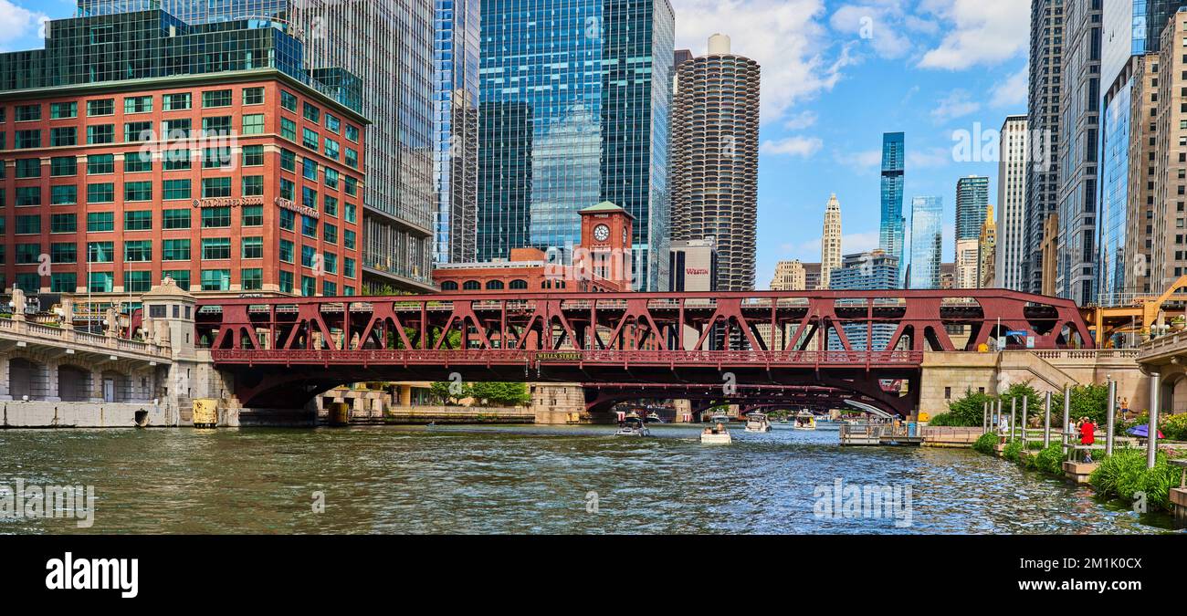 Wells Street bridge going over river in Chicago with skyscrapers all ...