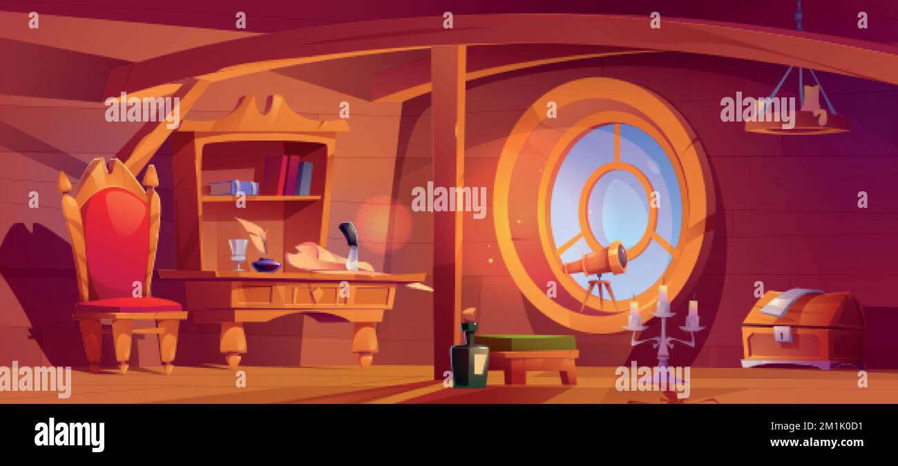 Pirate captain ship cabin. Wooden room interior, game background with ...