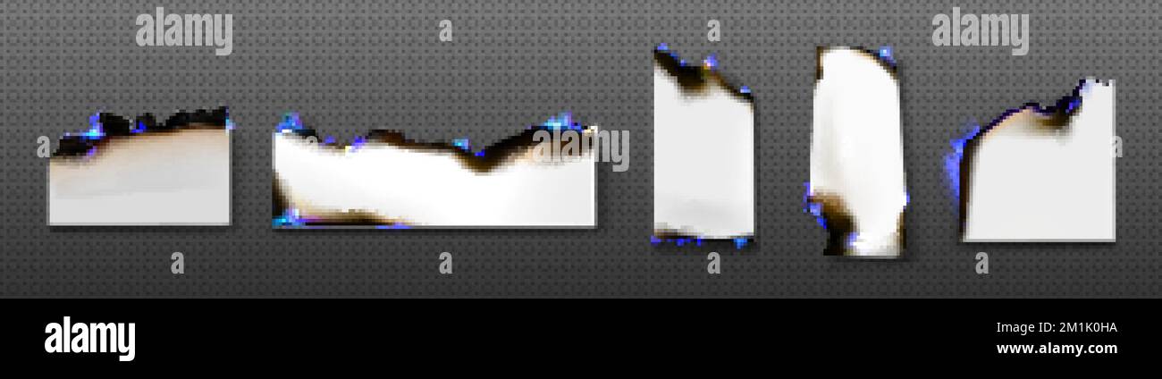 Burning white paper sheets with blue fire and black scorched edges ...