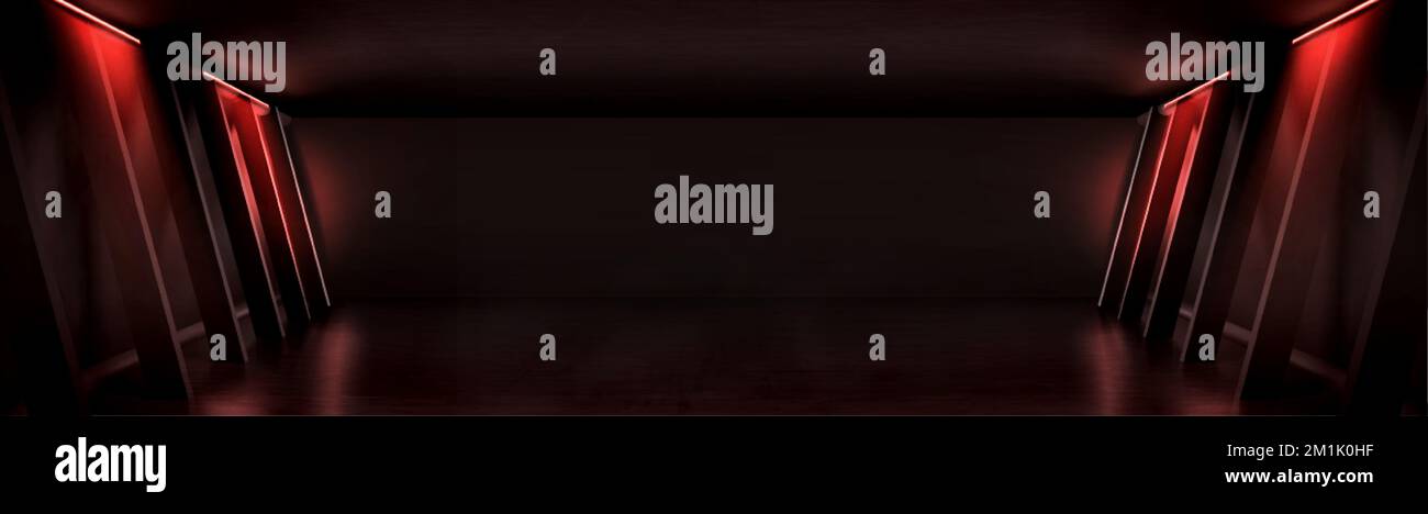 Dark hall interior with neon red illumination and rectangular columns ...