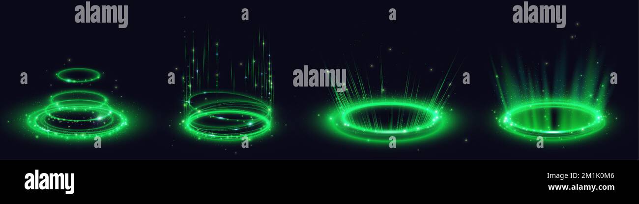 Circle digital portals, neon light platforms with glow and sparkles ...