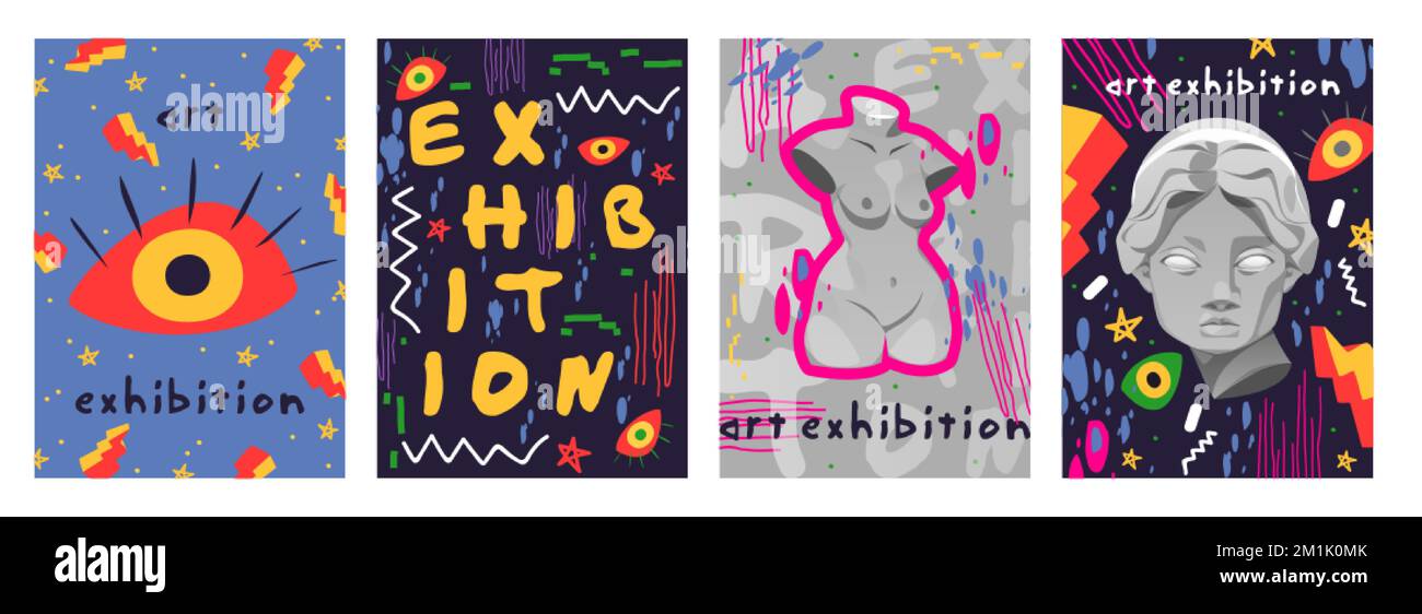 Retro futuristic flyers for modern abstract art exhibition. Antique ...