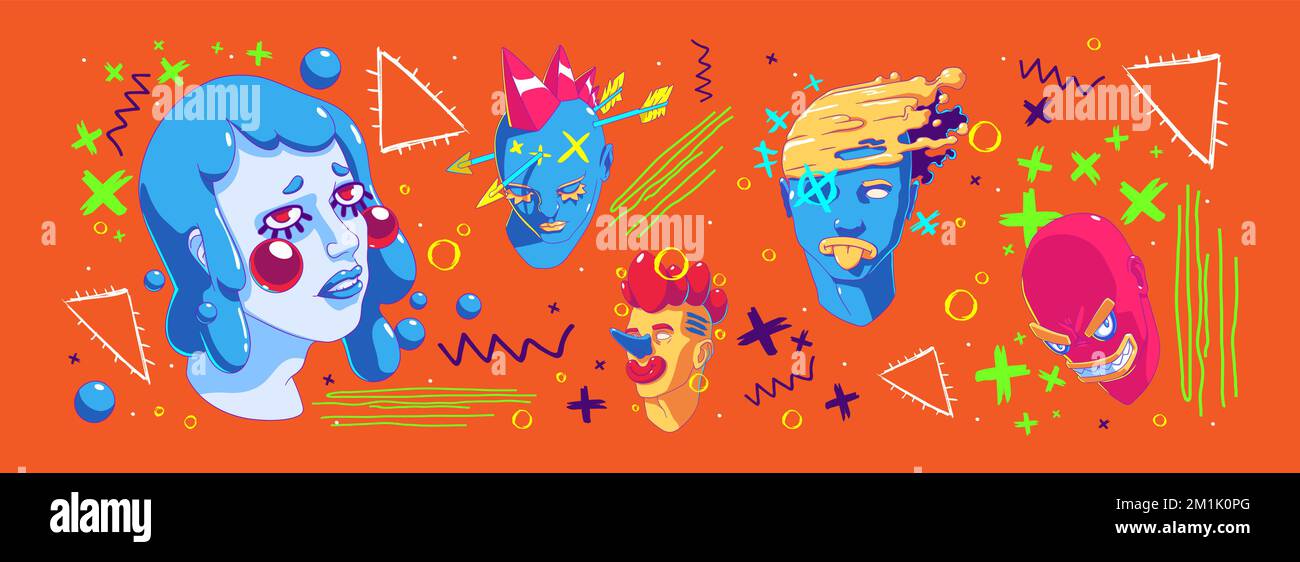 Contemporary style pattern with abstract portraits and doodle design ...