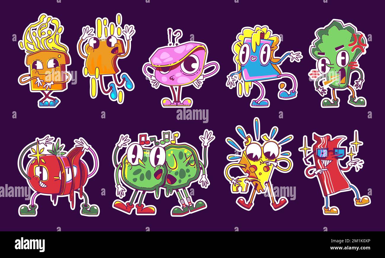 Retro stickers in y2k style, different funny food characters isolated ...