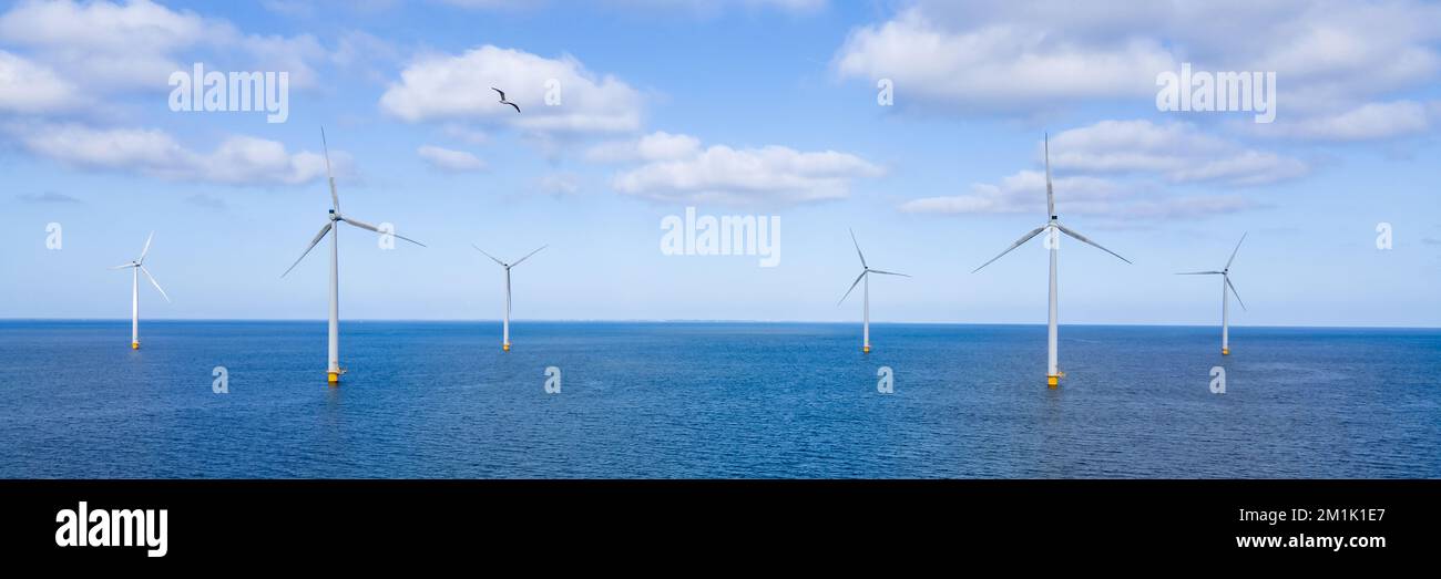 panorama of a Windmill park with windmills turbines in the ocean Stock ...