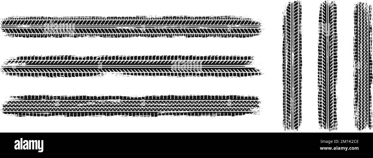 Auto tire tread grunge set. Car and motorcycle tire pattern, wheel tyre tread track. Black tyre ...