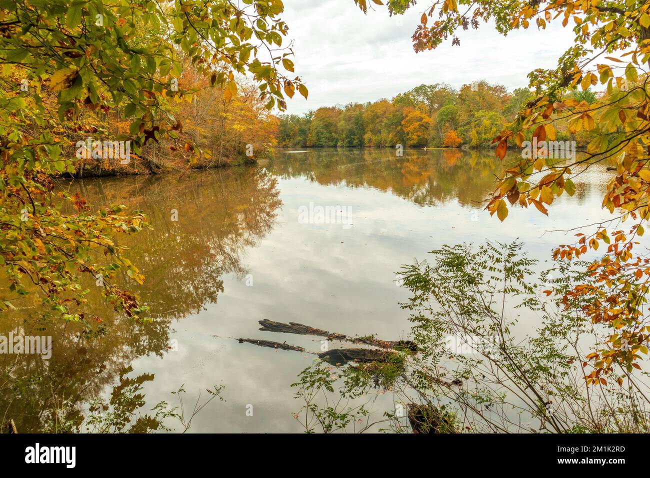 The beautiful Lake Roland Park in Baltimore, Maryland on a cold autumn ...