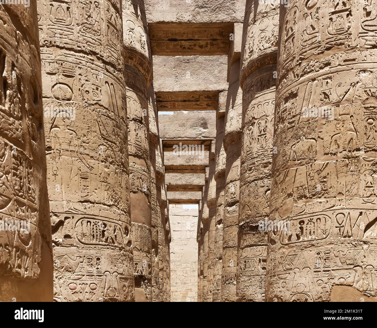 The view of Egyptian mythological carvings on the columns of Karnak ...