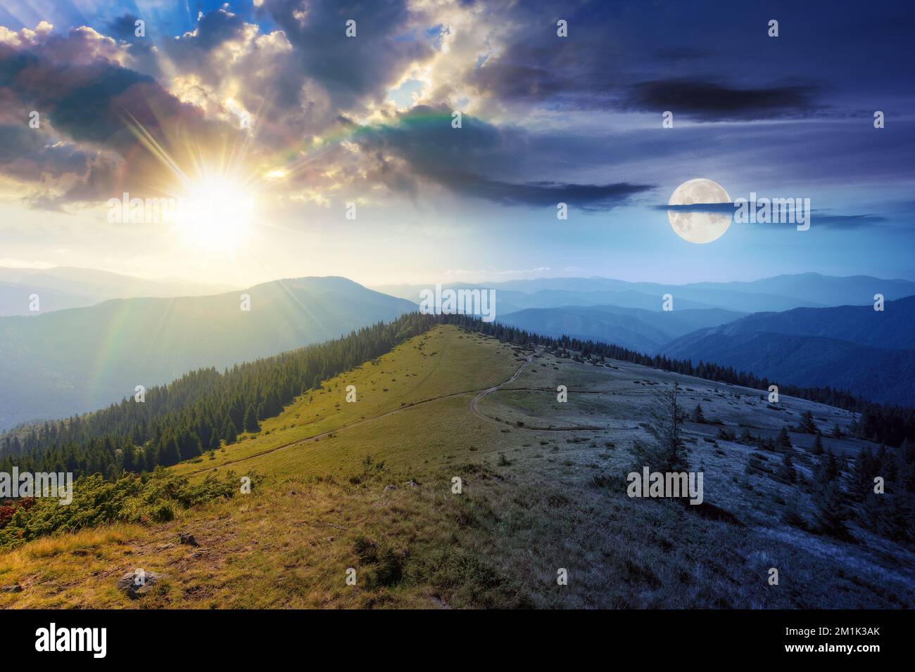 green nature environment of trascarpathia at twilight. day and night ...