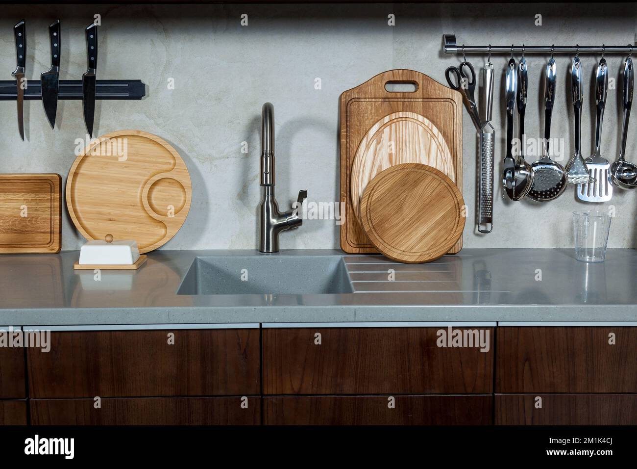 Working area of the kitchen. Kitchen countertop with built-in sink ...