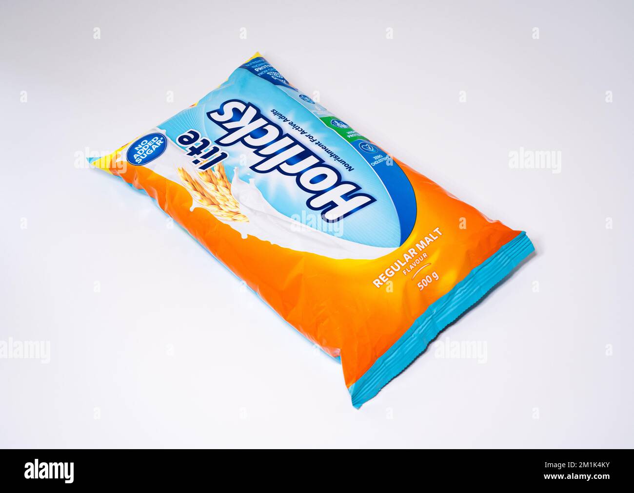 A packet of Horlicks Lite Regular Malt on white background Stock Photo ...