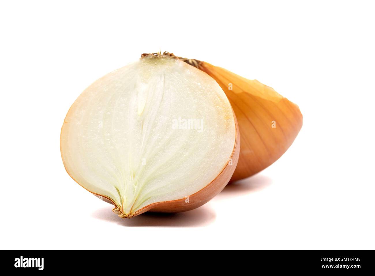 Ripe yellow onion isolated on a white background. Onion slices cut in ...