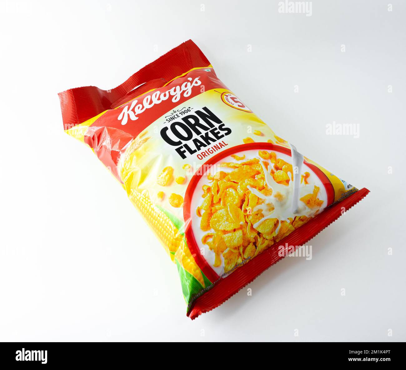 A large packet of Kellogg's Original Corn Flakes on white background ...