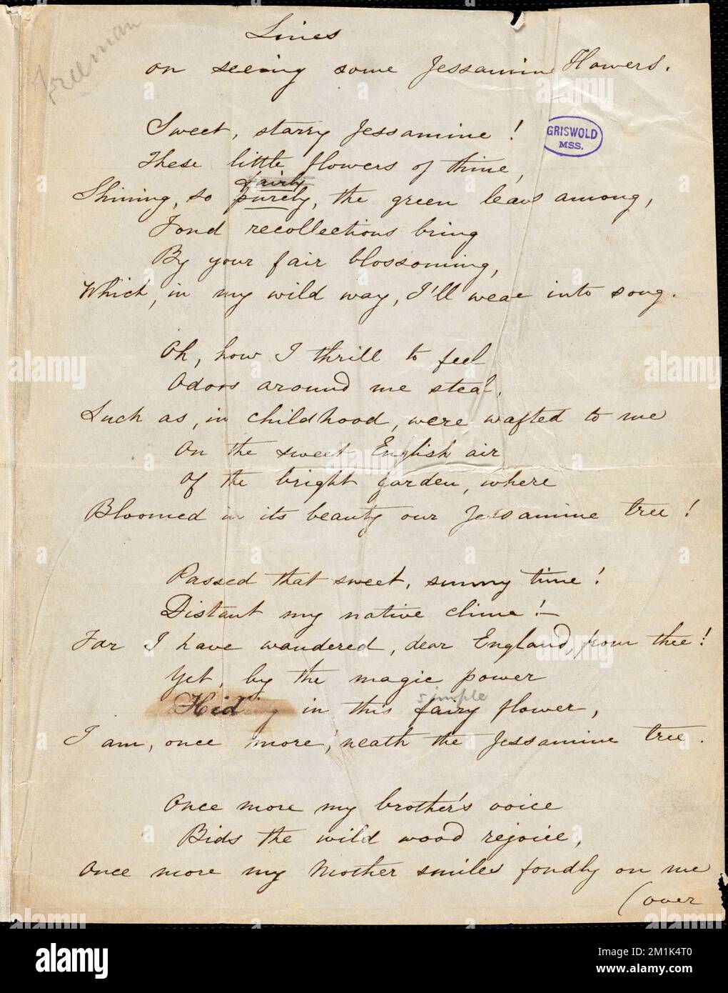 Anna Mary Freeman manuscript poem: 'Lines on seeing some Jessamine ...