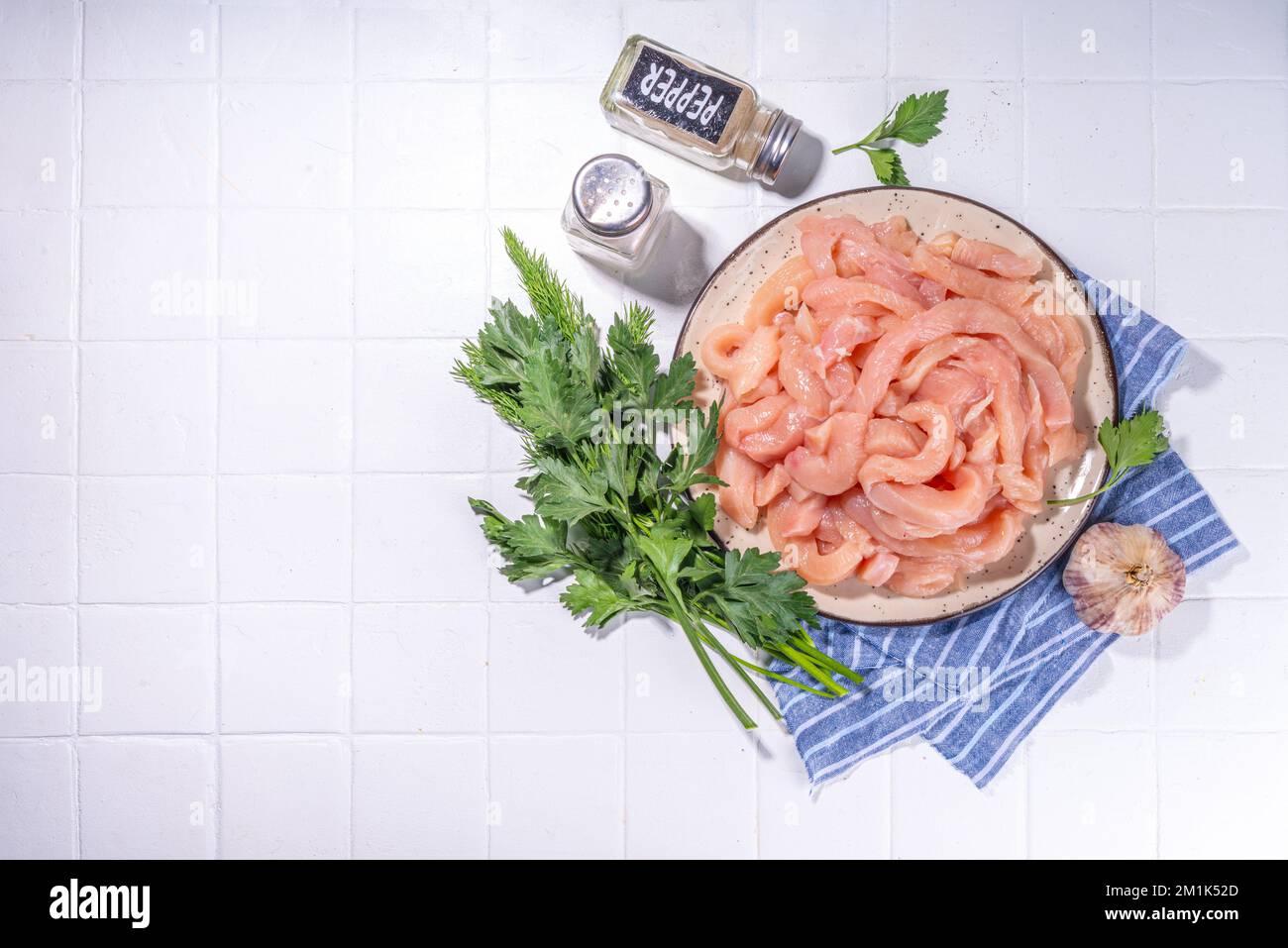 Cooking diet white poultry meat background. Fresh sliced chicken strips ...