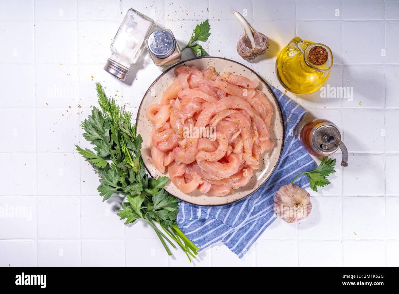 Cooking diet white poultry meat background. Fresh sliced chicken strips ...