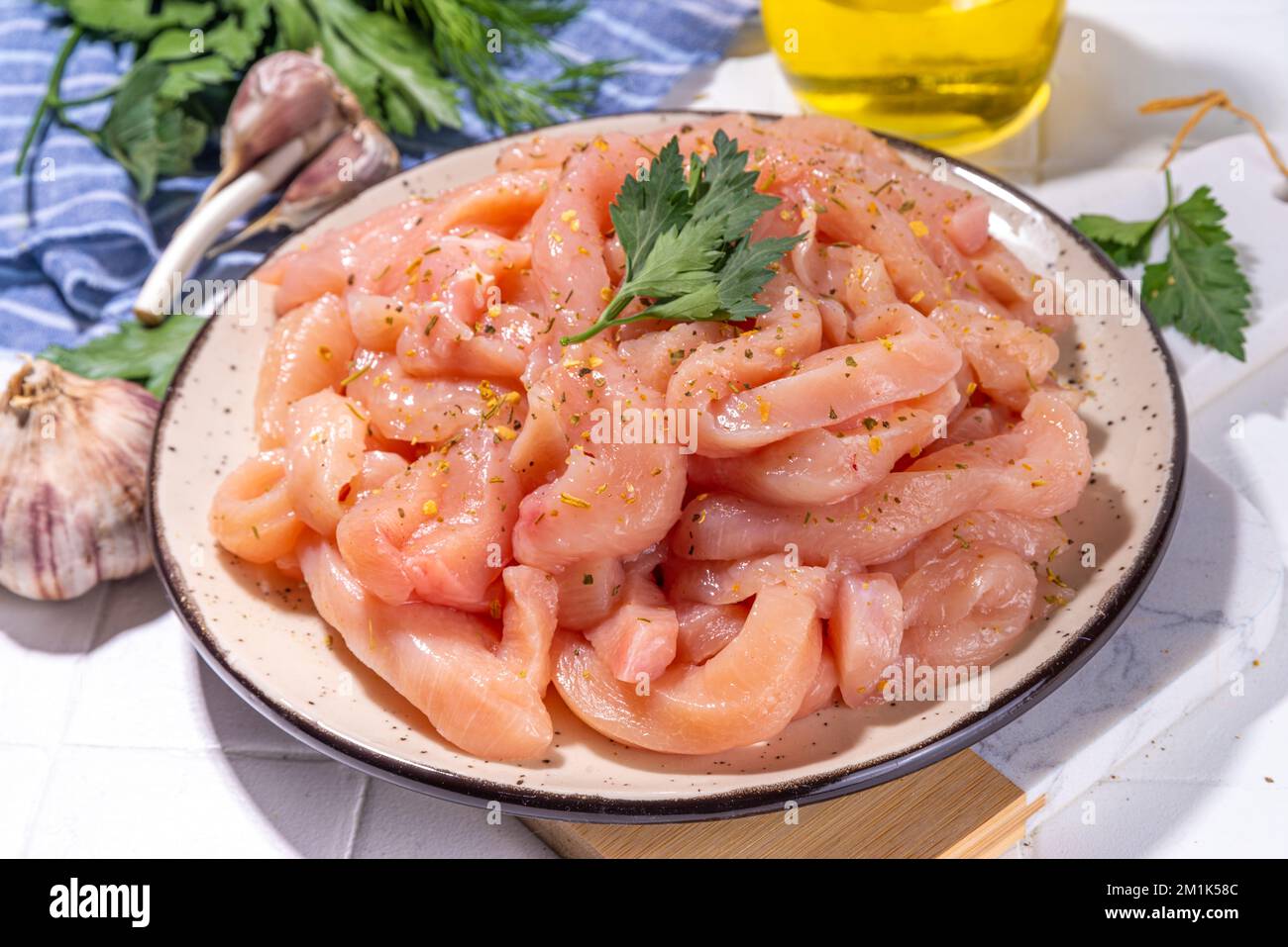 Cooking diet white poultry meat background. Fresh sliced chicken strips ...