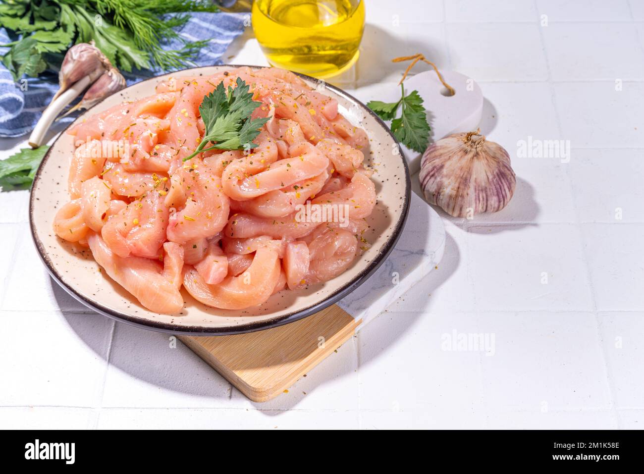 Cooking diet white poultry meat background. Fresh sliced chicken strips ...