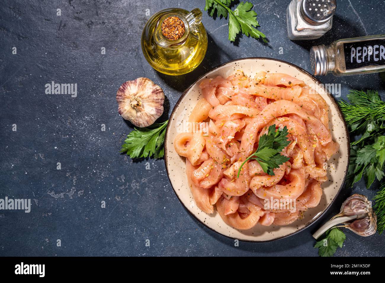 Cooking diet white poultry meat background. Fresh sliced chicken strips ...