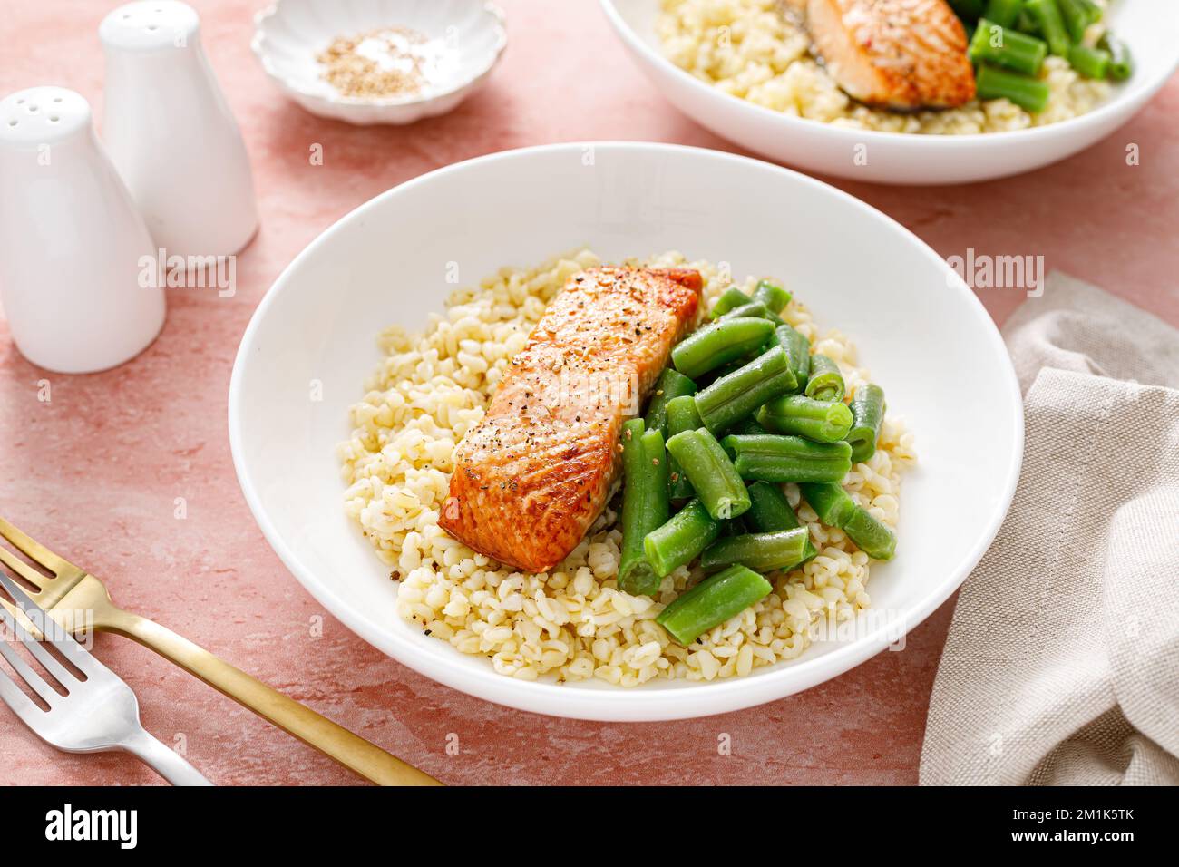 Salmon fillet grilled with bulgur and green beans. Healthy food, diet ...