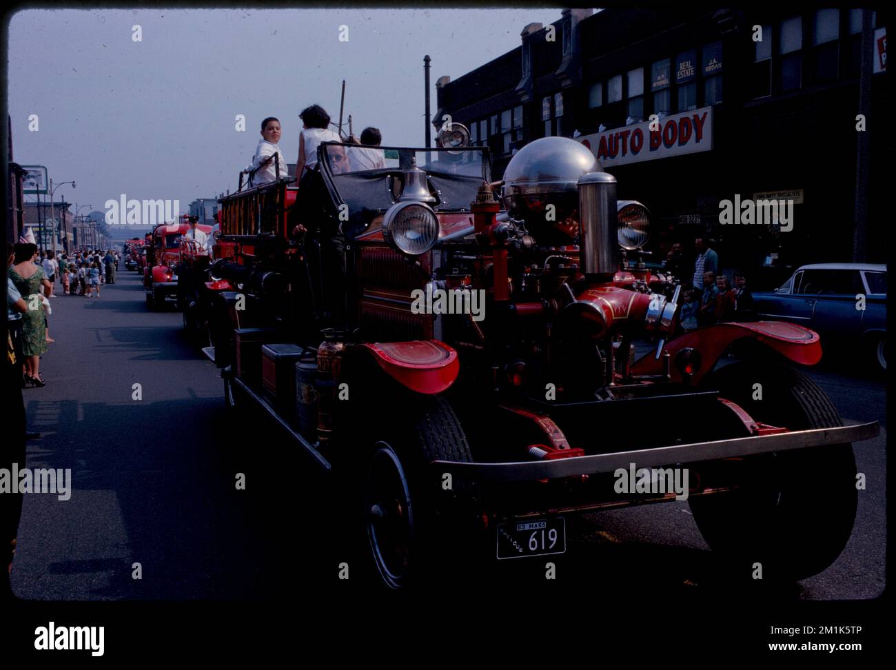 Antique fire engine in parade, Union Square, Somerville, Massachusetts ...