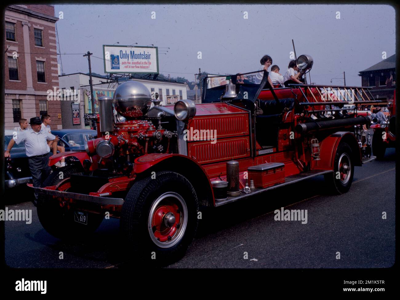 Antique fire engine in parade, Union Square, Somerville, Massachusetts ...