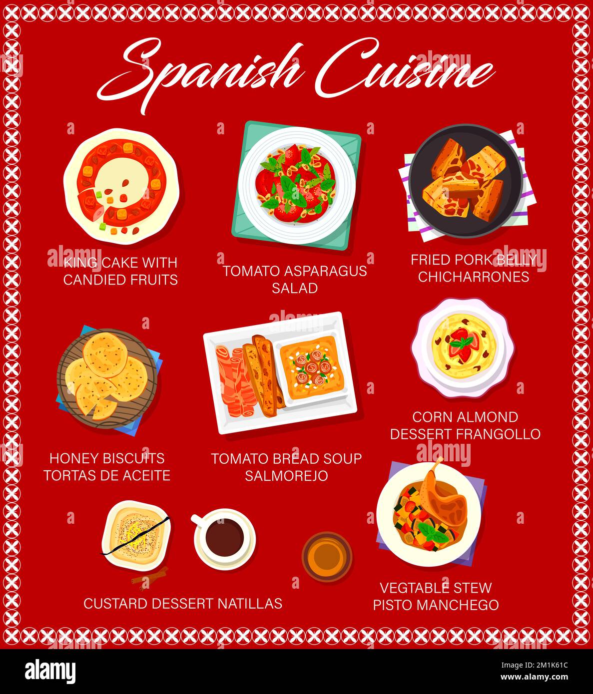 Spanish cuisine restaurant menu page. King cake, tomato asparagus salad ...