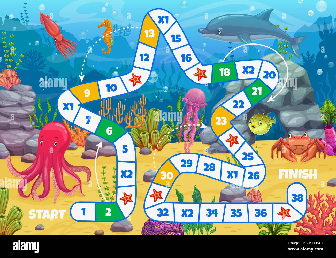 Kids board game cartoon underwater landscape and animals. Vector step ...