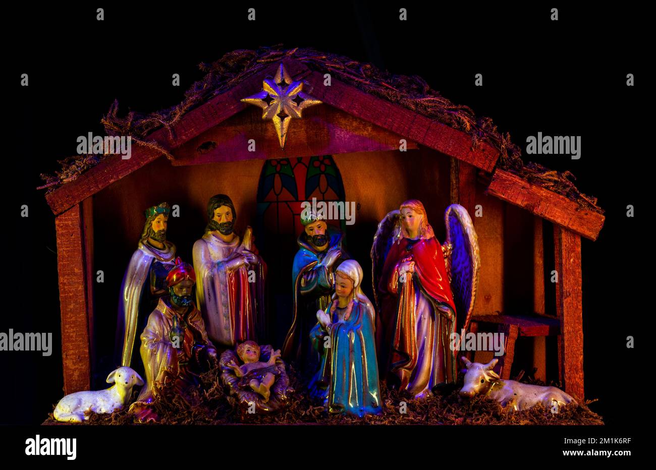 Nativity of Jesus. Christmas Manger scene with figures of Jesus, Mary ...