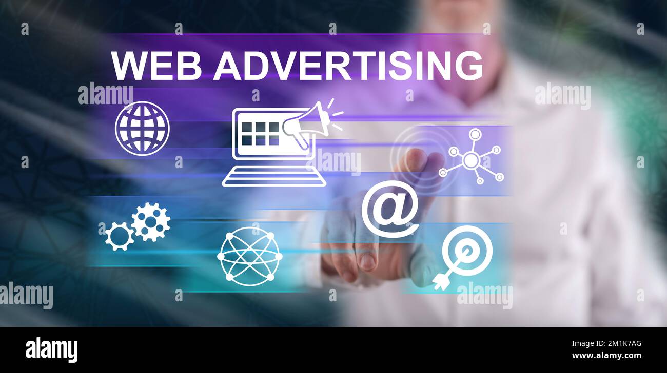 Man touching a web advertising concept on a touch screen with his ...