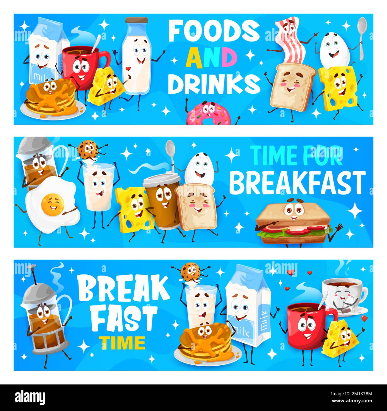 Cartoon funny breakfast food characters. Horizontal banners or vector ...