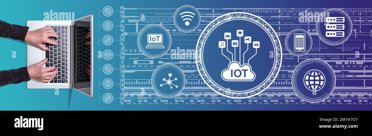 Top view of hands using laptop with symbol of iot concept Stock Photo ...