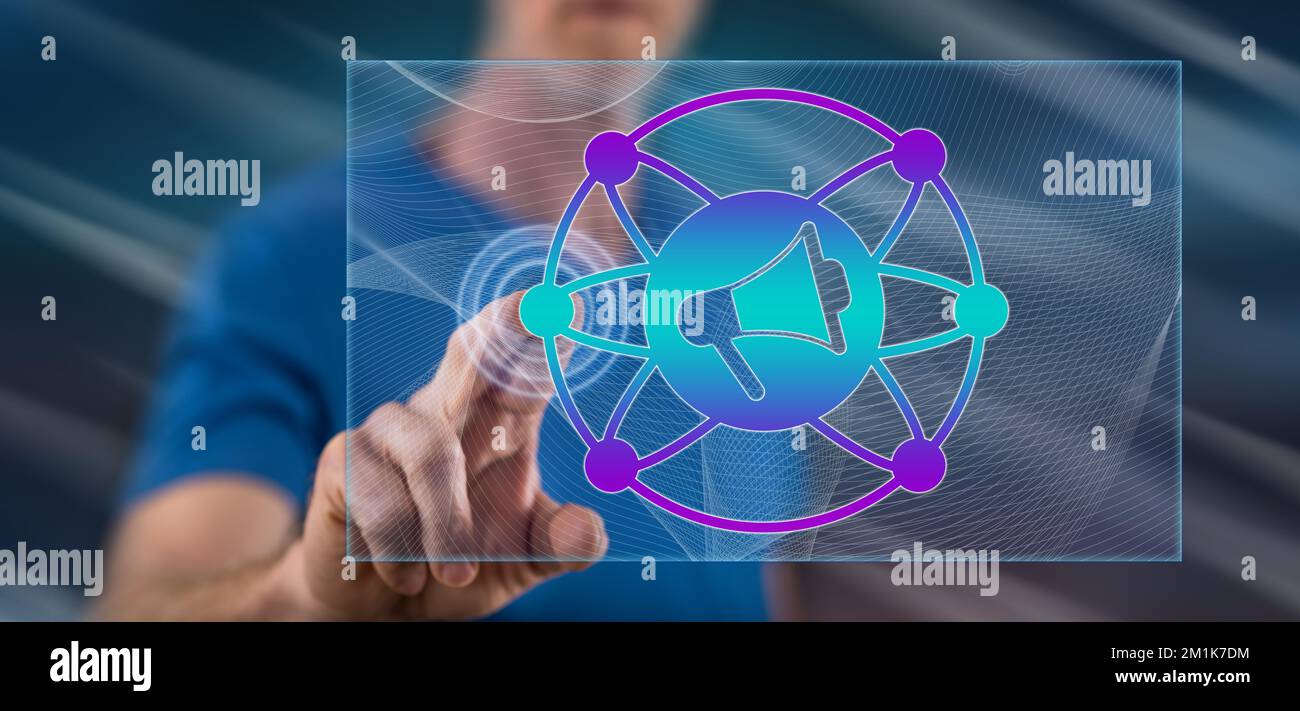 Man touching a digital advertising concept on a touch screen with his ...