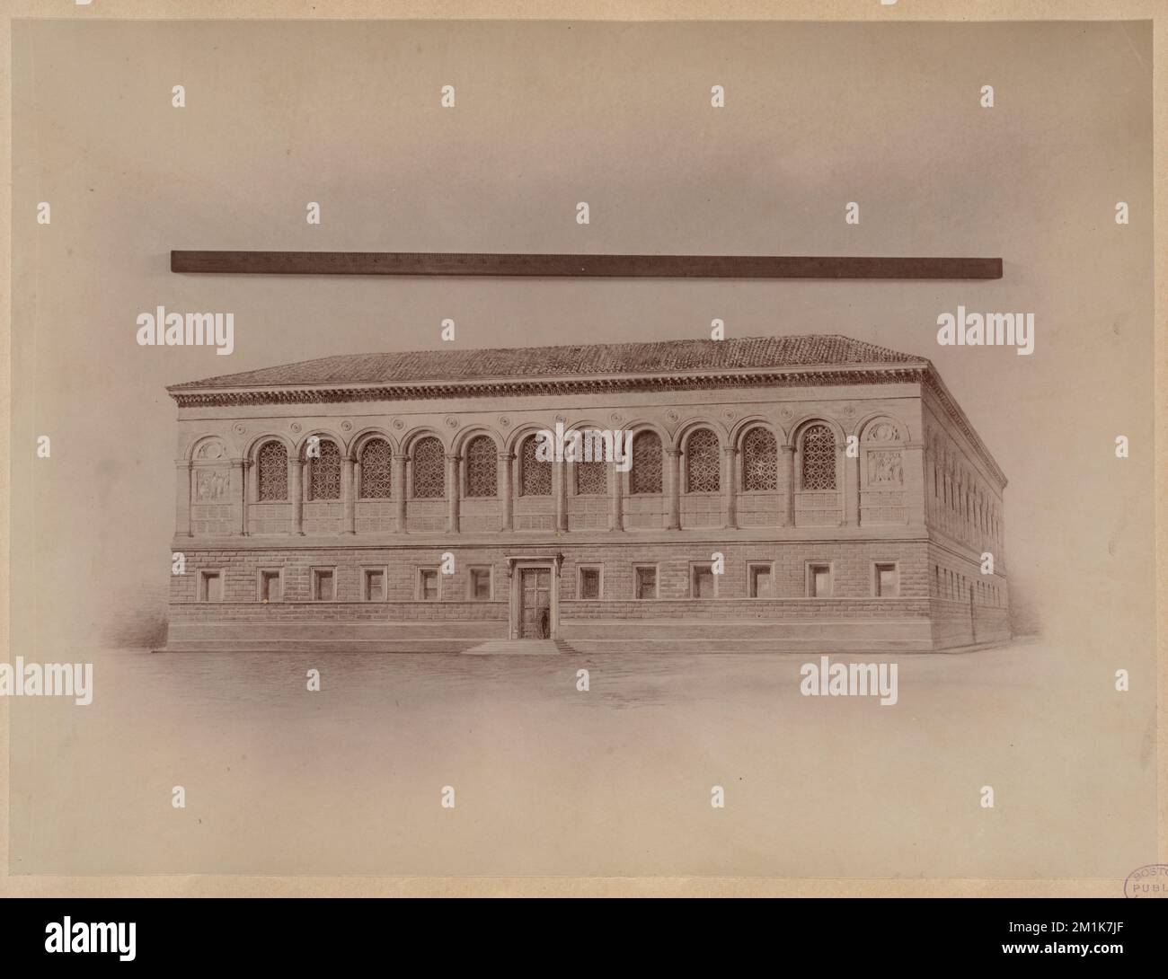 Architect's rendering of the McKim Building with measuring stick for ...