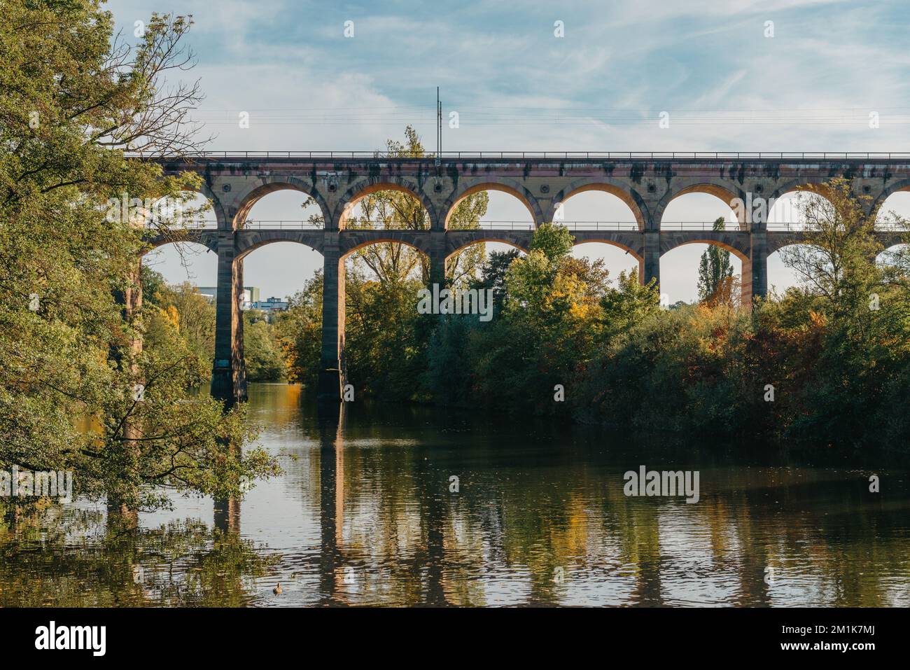 Railway Bridge with river in Bietigheim-Bissingen, Germany. Autumn ...