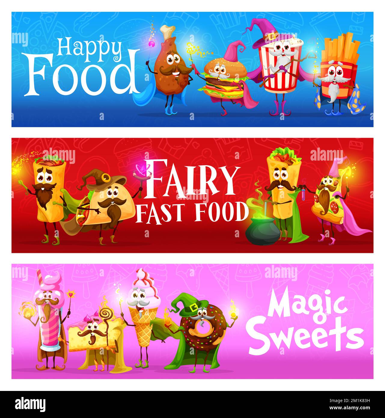 Cartoon funny fast food mage and wizard characters. Vector cards with ...