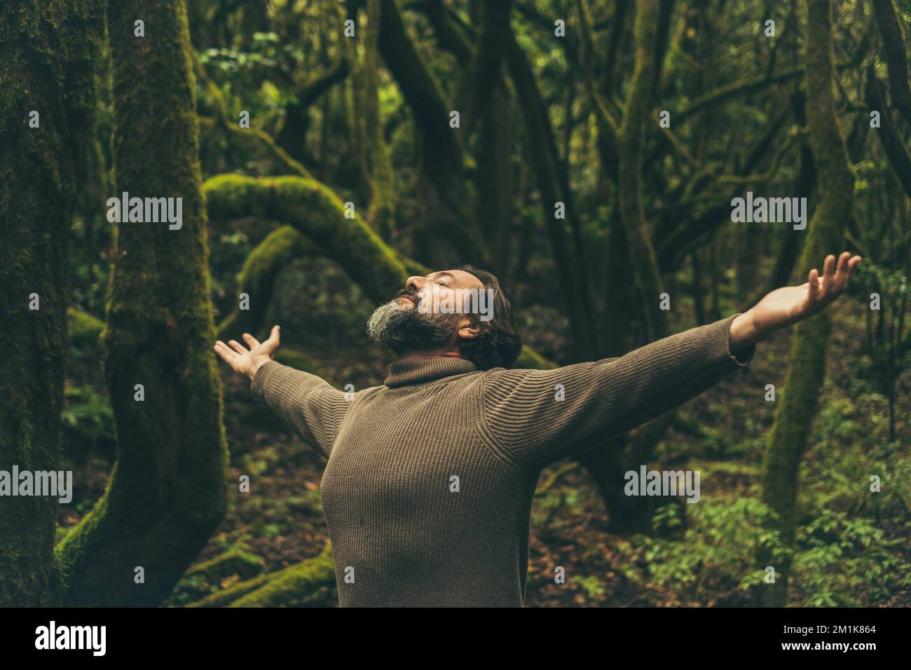 Nature care environment lifestyle people concept. One man opening arms ...