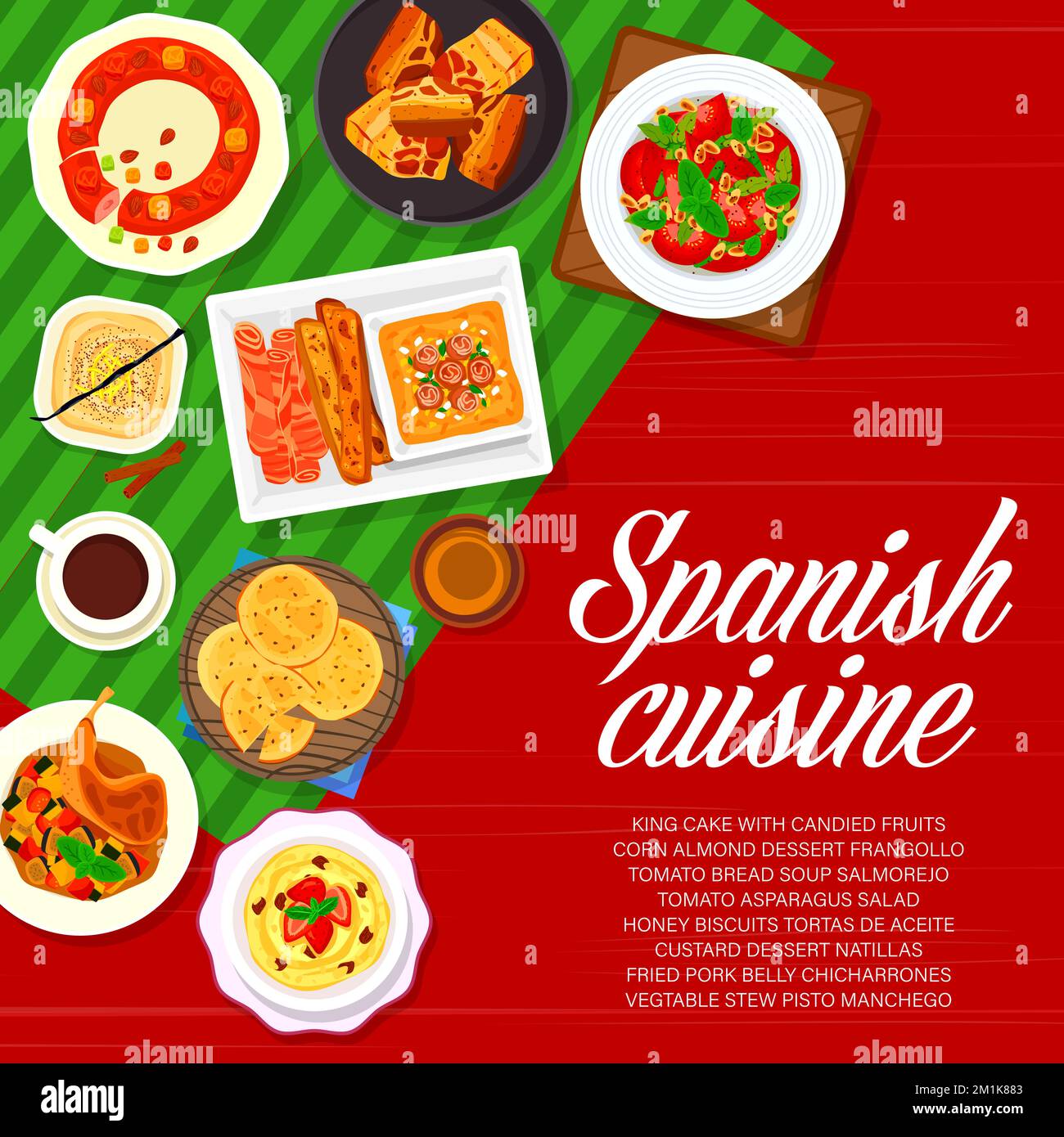 Spanish cuisine menu cover page design. Corn almond dessert Frangollo ...