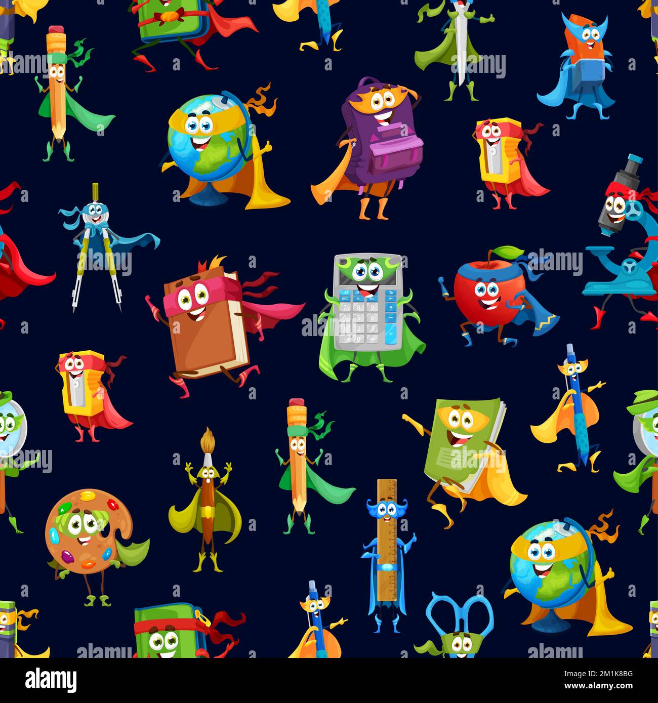 Cartoon school stationery and books superhero characters seamless ...