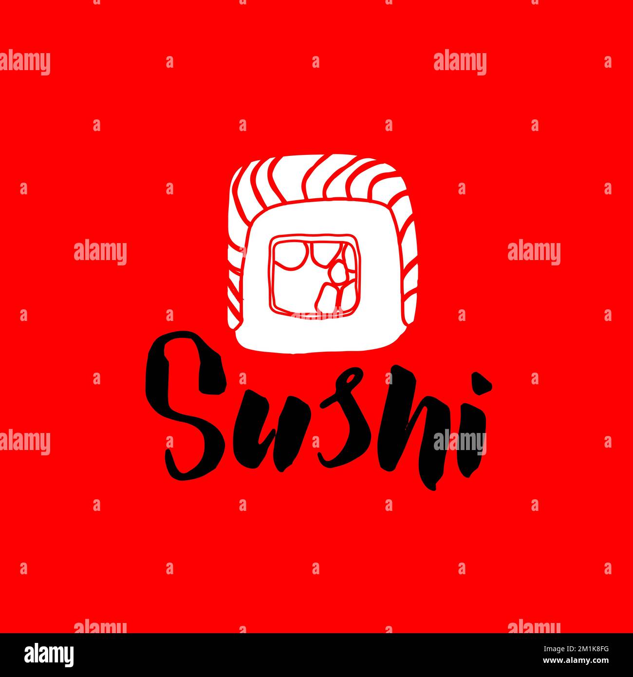Sushi roll label illustration white color on red background Stock ...