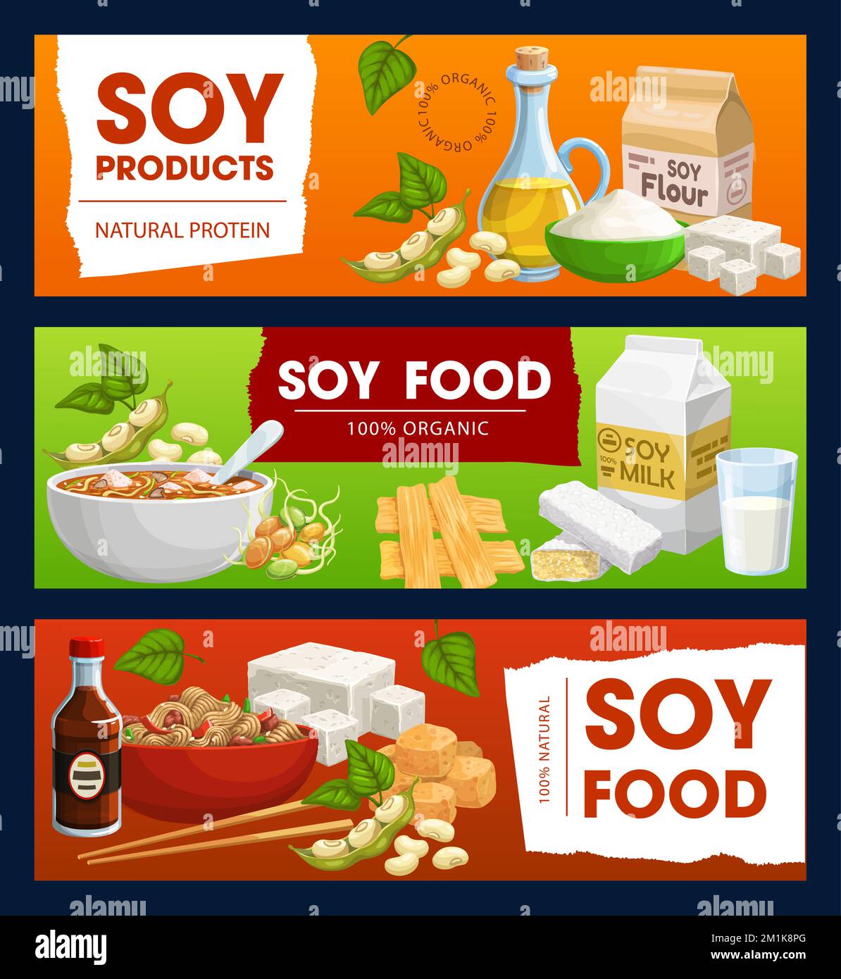 Soy and soybean products, vector banners with natural soya food. Asian ...