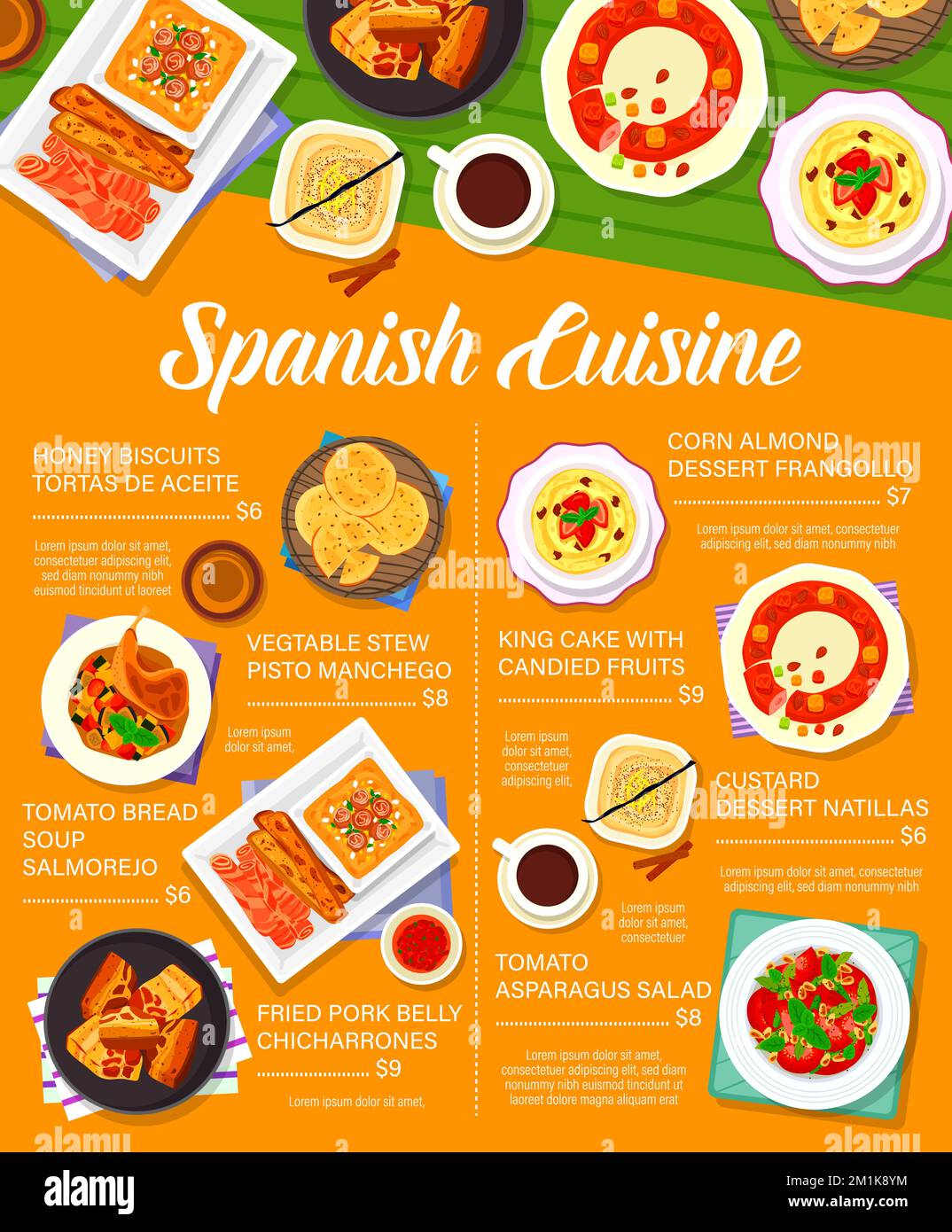 Spanish cuisine menu template. Tomato bread soup Salmorejo, vegetable ...