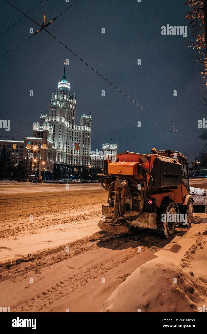 Moscow, Russia - December 7, 2022: Snowplow clearing snow from the ...