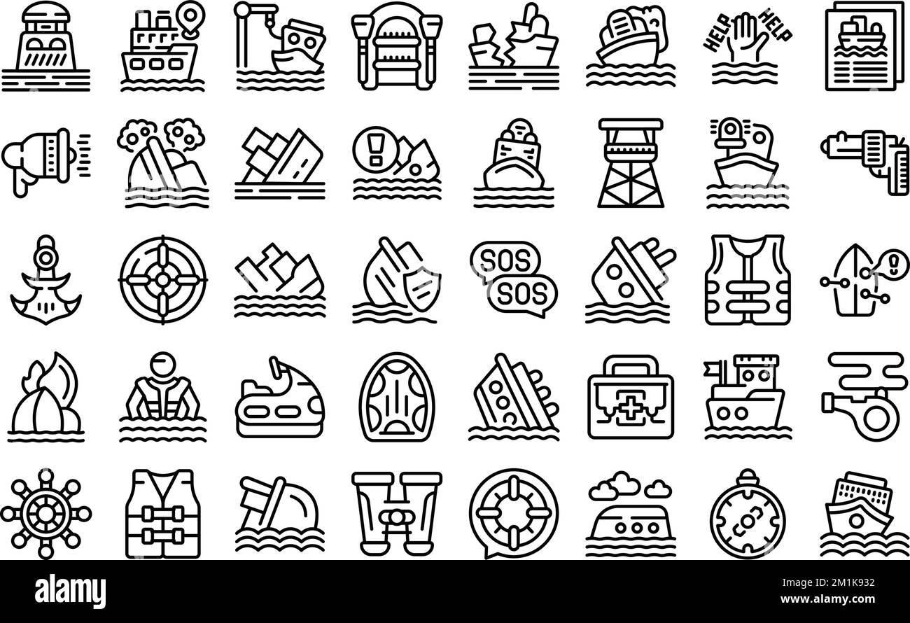 Shipwreck icons set outline vector. Island desert. Sea boat Stock ...