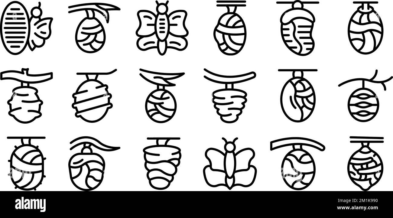 Cocoon icons set outline vector. Pupa cycle. Butterfly caterpillar ...
