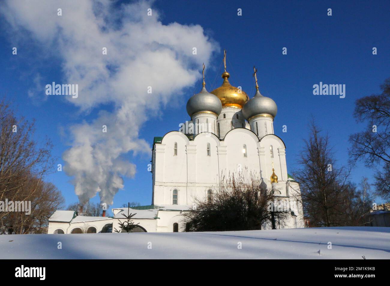 The Novodevichy Convent monastery on blue cloudy sky background in ...
