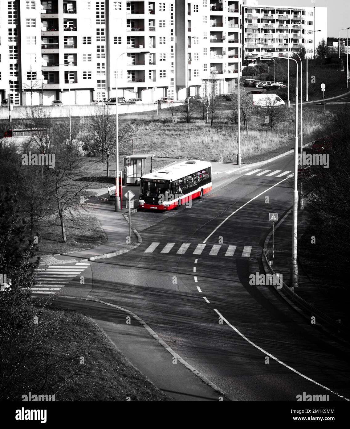 An aerial vertical view of public bus at the station in Prague, Czech ...