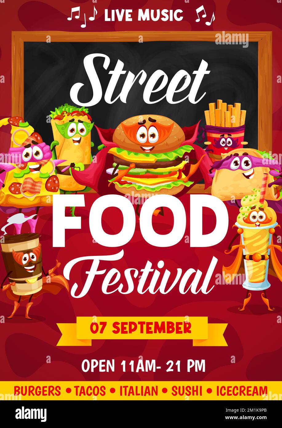 Street fast food festival flyer. Takeaway food superhero characters ...