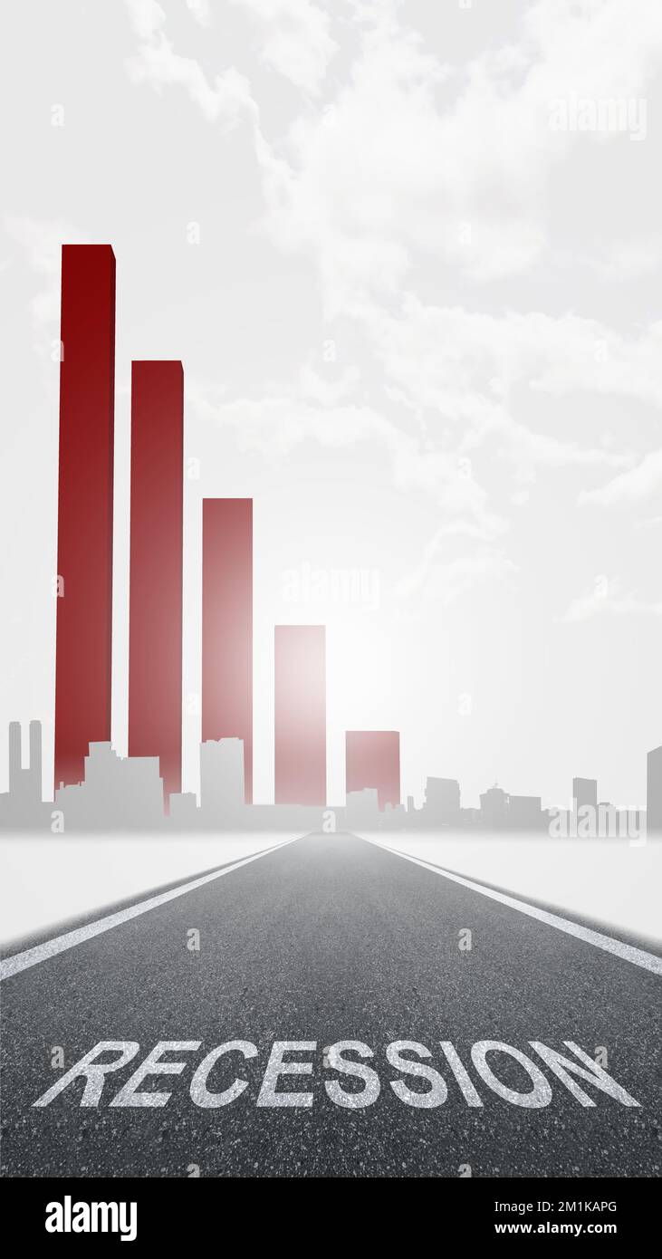 Street with recession sign and decrease graph with cityscape background ...