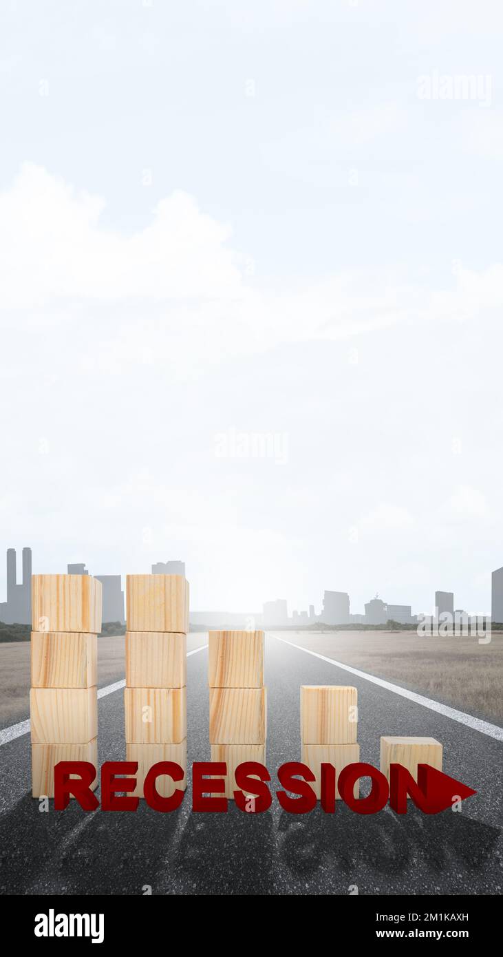 Wooden block stairs with a recession sign on a colored background Stock ...
